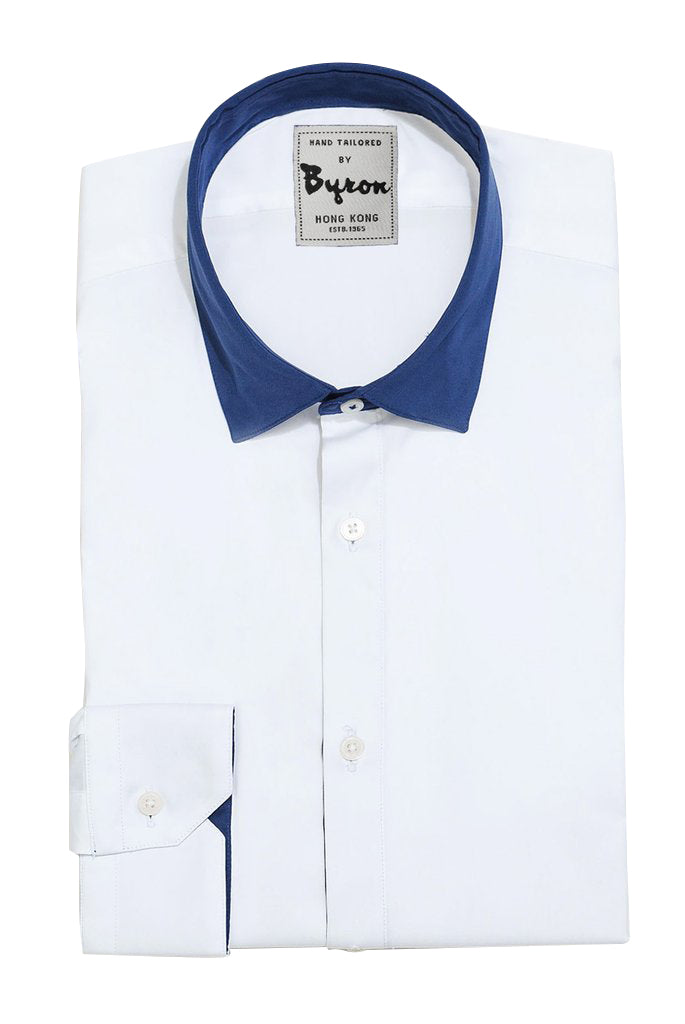 White Shirt, Royal Blue English Spread Collar with Royal Blue Trim Cuf – Byron Ltd
